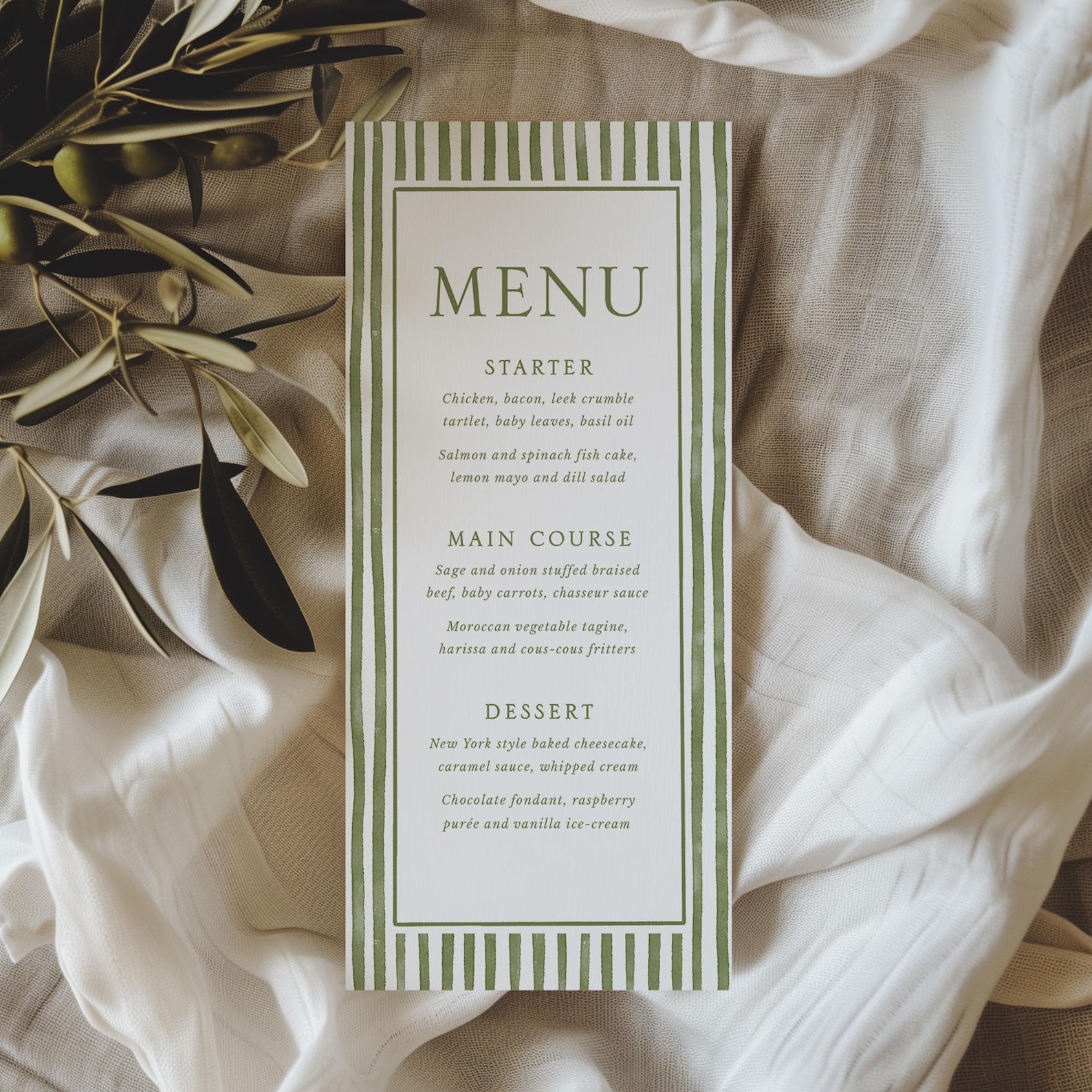 Sage Green Stripe Menu and Thank You Note, Editable Classic Border ...