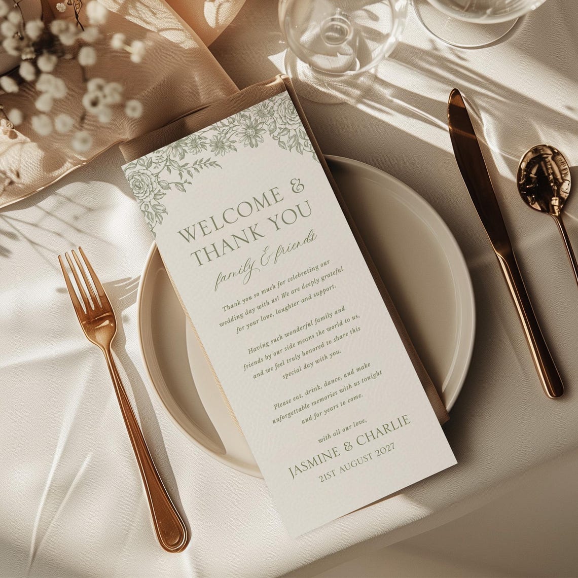 Sage Green Wedding Menu and Thank You Note, Editable Floral Toile ...