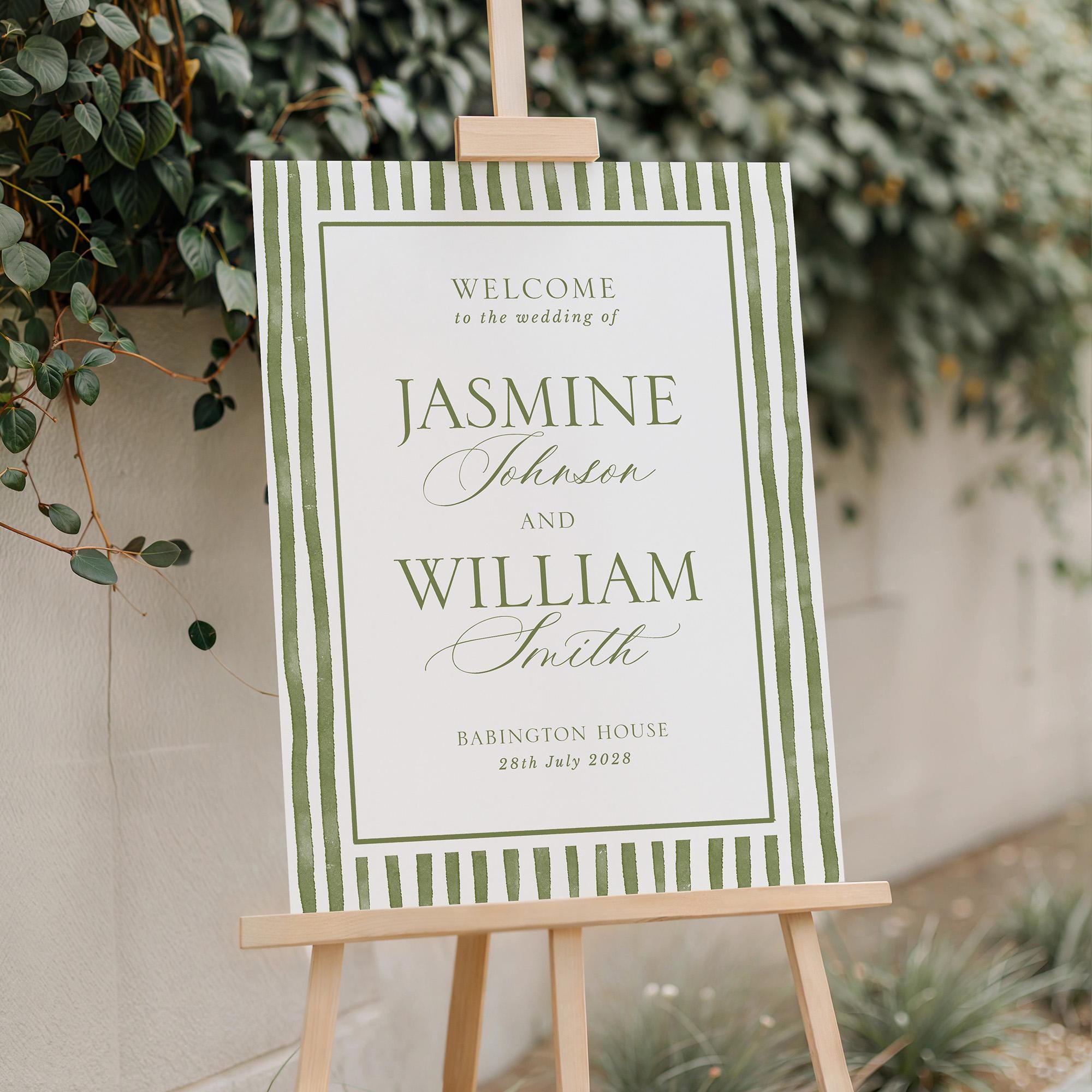 Sage Green Stripe Wedding Sign, Classic Vintage Welcome Sign Template ...