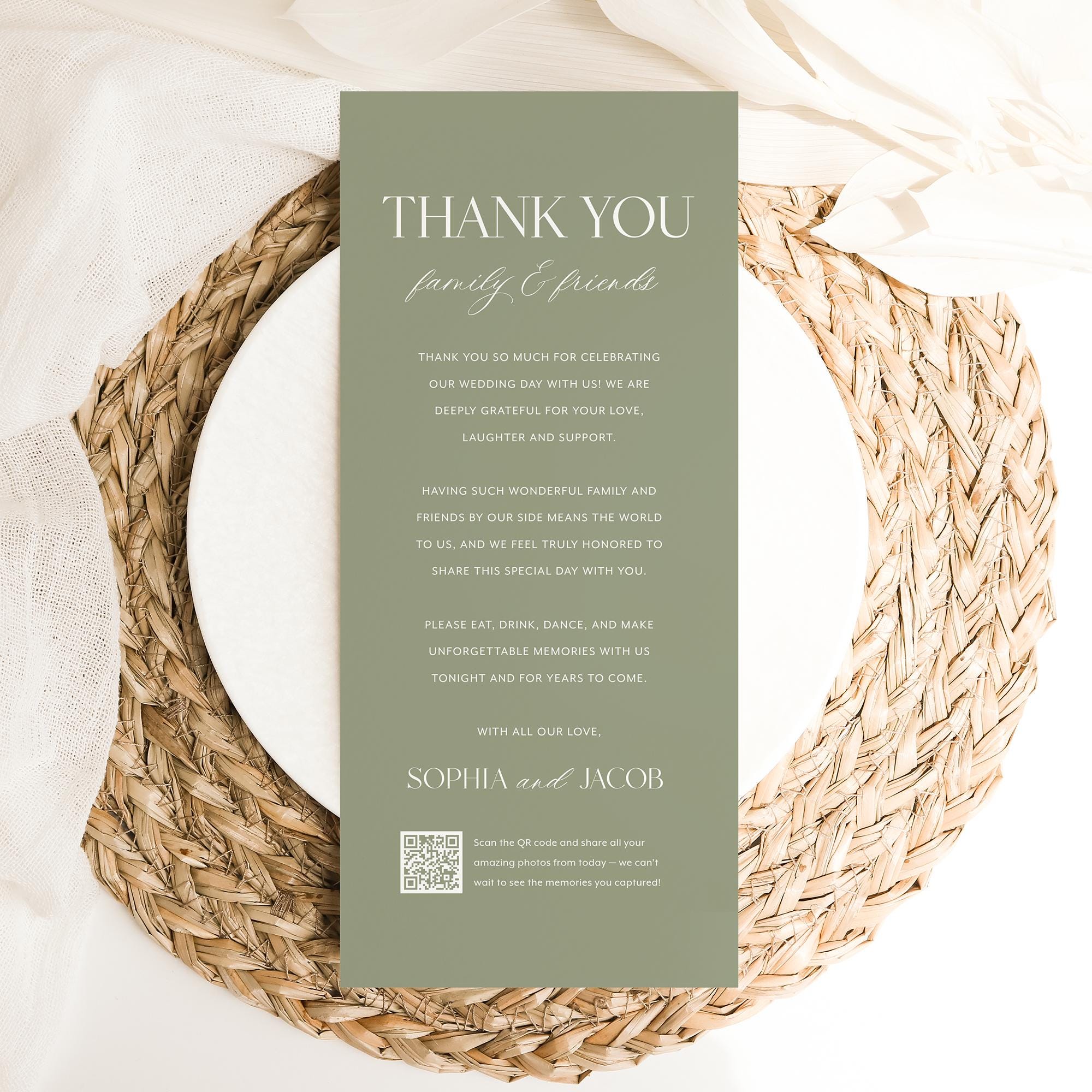 Sage Green Menu and Thank You Note, Modern Minimalist Wedding Menu Card ...