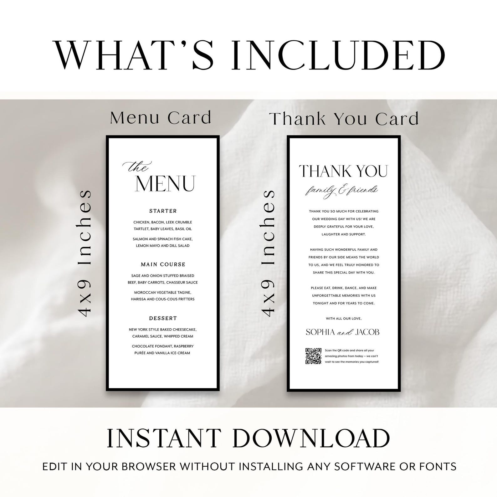 Menu and Thank You Note, Modern Minimalist Wedding Menu Card Set ...