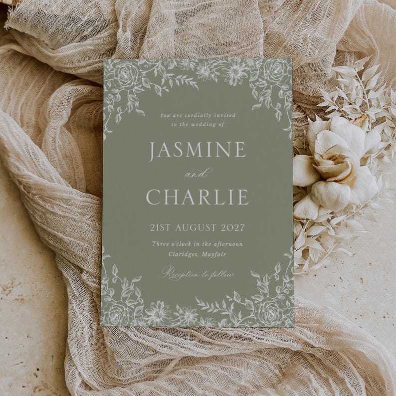 Dusty Blue Floral Wedding Invitation Template, Minimalist Toile Wedding ...