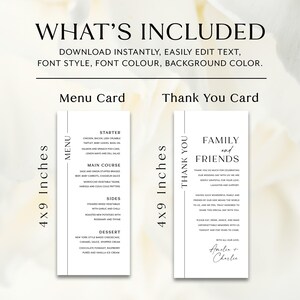 Modern Minimalist Menu and Thank You Card, Editable Wedding Menu Card ...