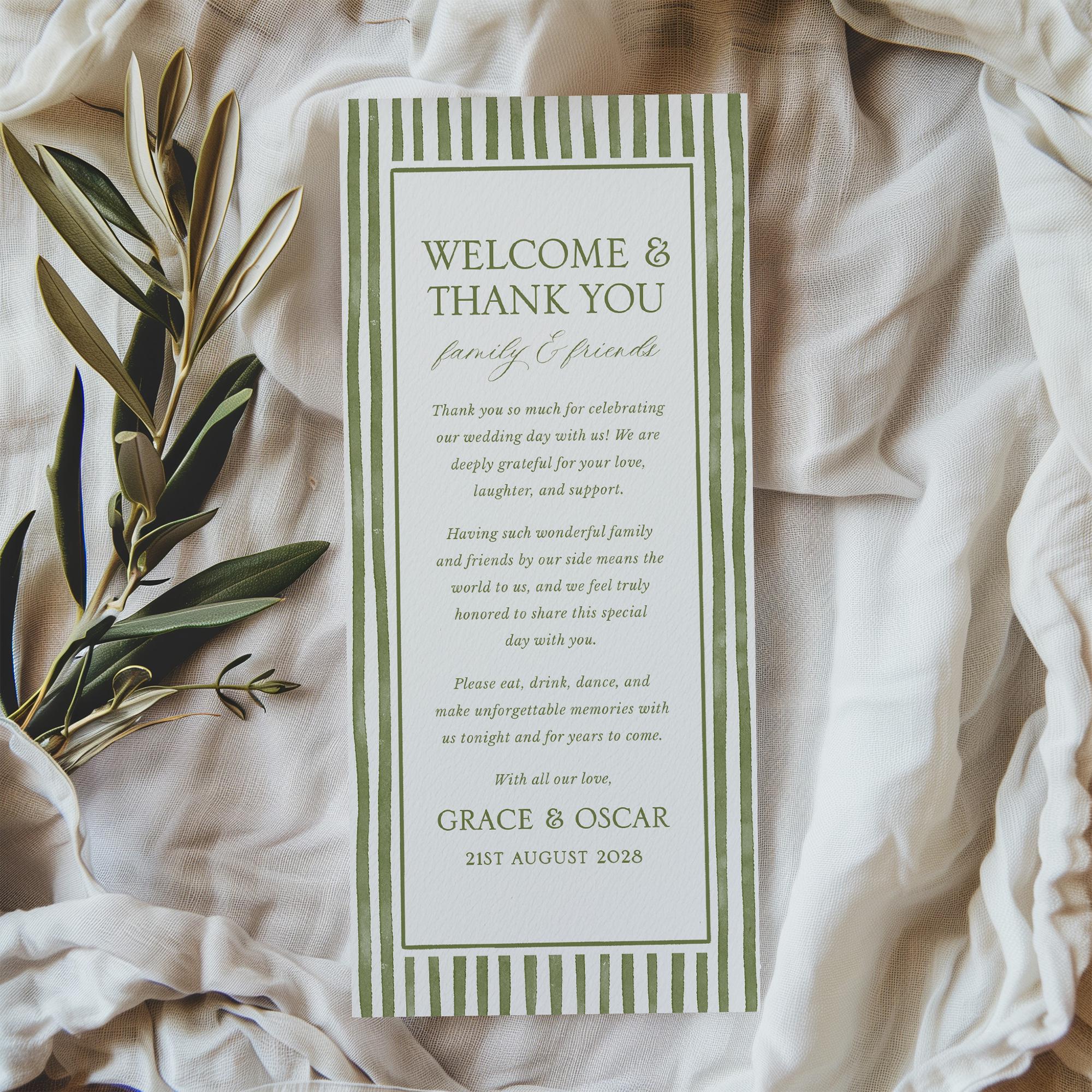 Sage Green Stripe Menu and Thank You Note, Editable Classic Border ...