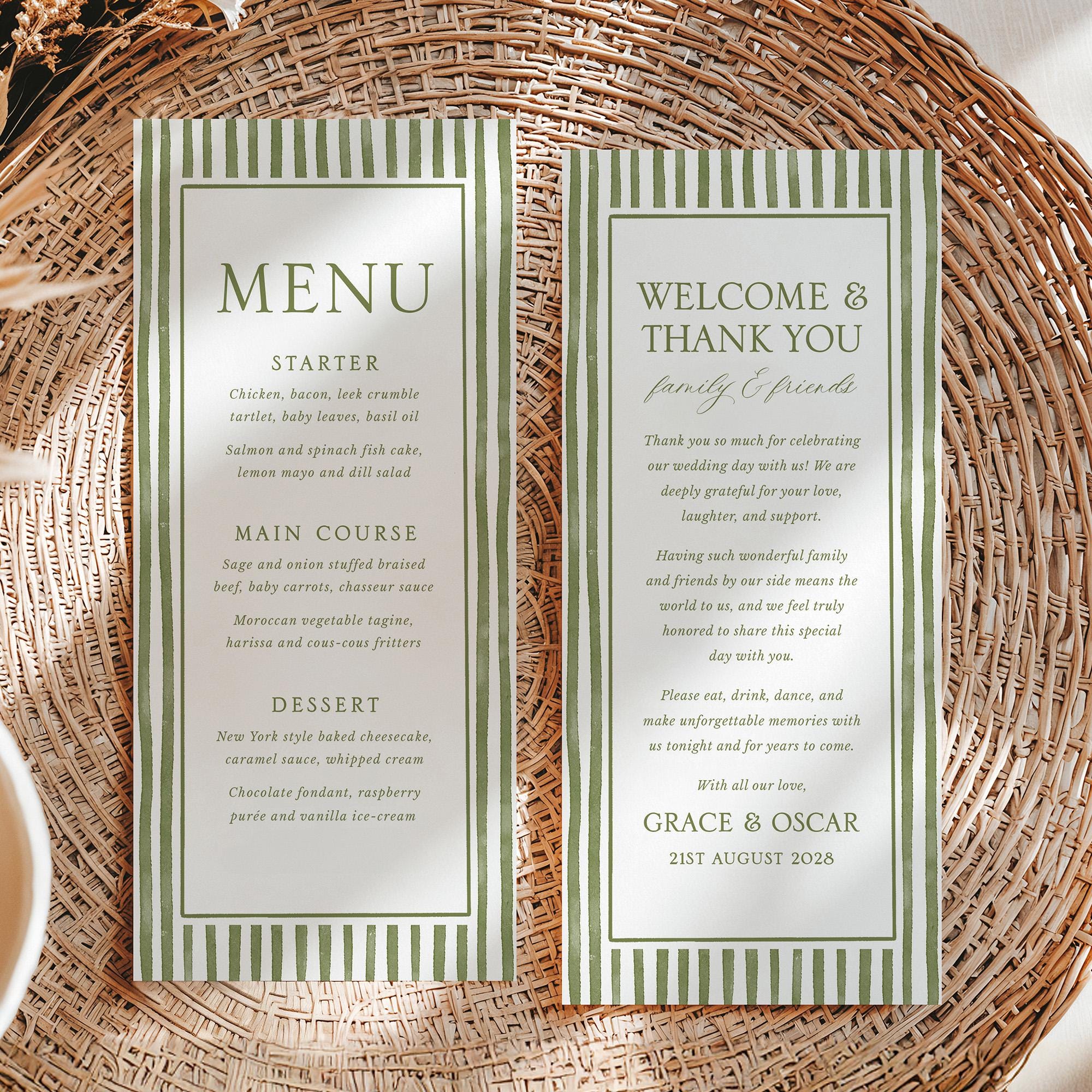 Sage Green Stripe Menu and Thank You Note, Editable Classic Border ...