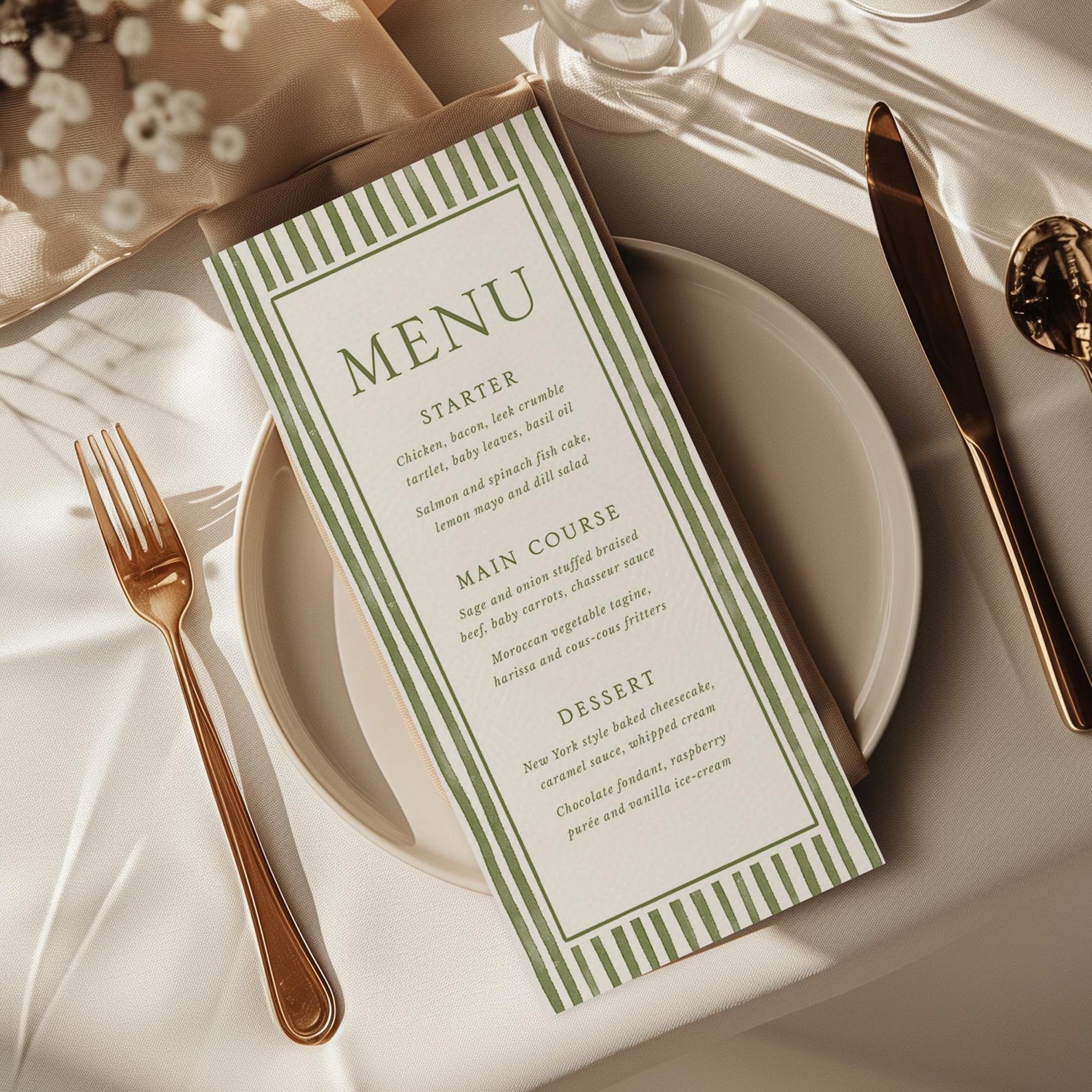Sage Green Stripe Menu and Thank You Note, Editable Classic Border ...
