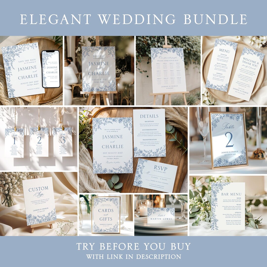 Blue Toile Wedding Bundle, Elegant French Floral Template Set, Editable ...