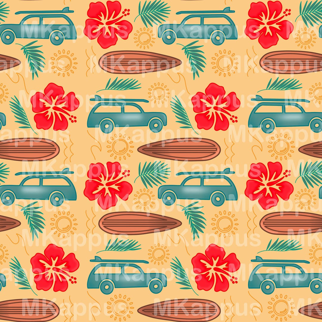 Beach Bum Seamless Pattern Digital Download: Yellow, Red, Blue Beach ...