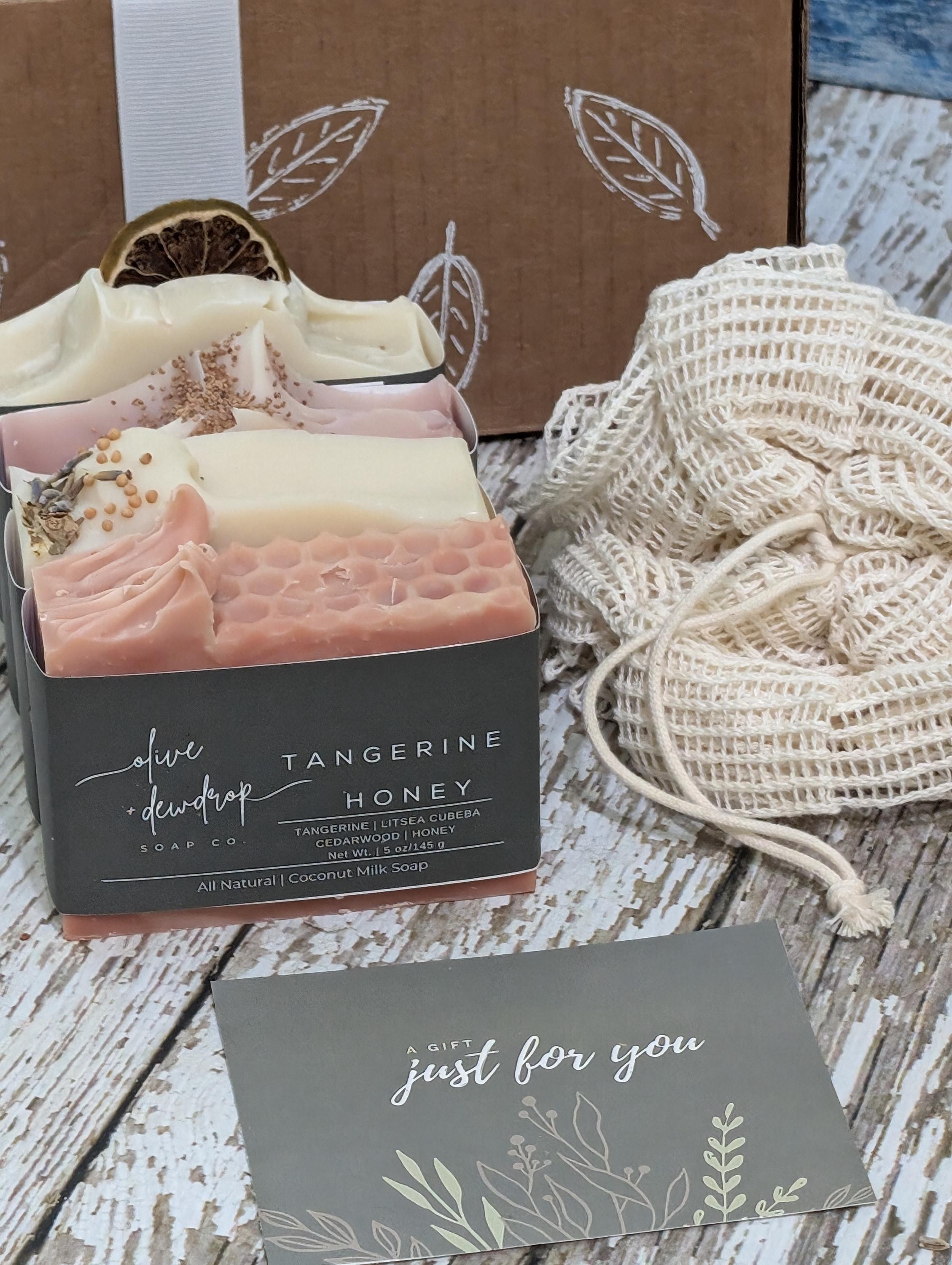 4 Soap Bars Bath Pouf Gift Set Hand Made Soap Gift Box all Natural Soap ...