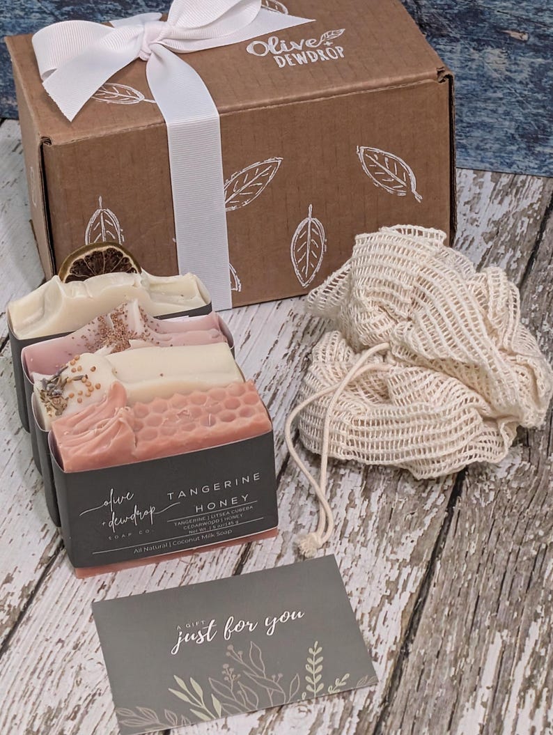 4 Soap Bars Bath Pouf Gift Set Hand Made Soap Gift Box all Natural Soap ...