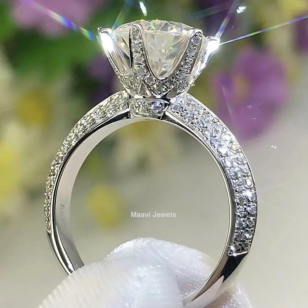 Round Lab Grown Diamond Pave Ring, 1.50ct Lab Diamond Ring, Engagement ...