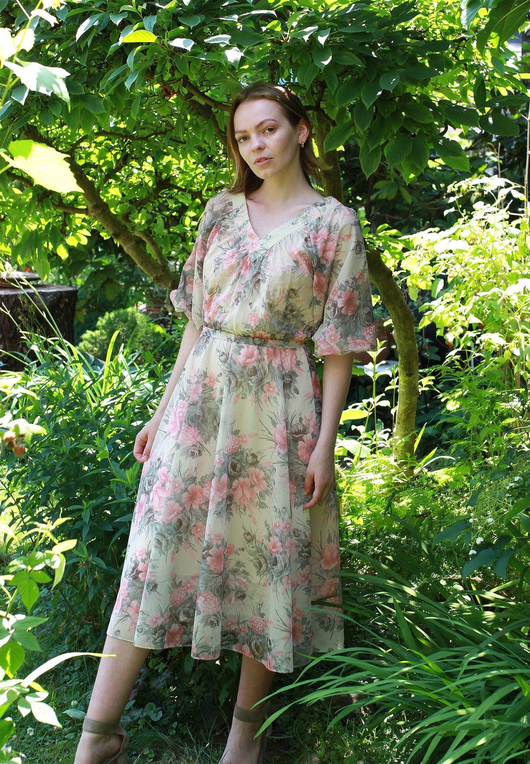 Vintage 70s Beige Dusty Pink Floral Print Sheer Summer Dress Etsy