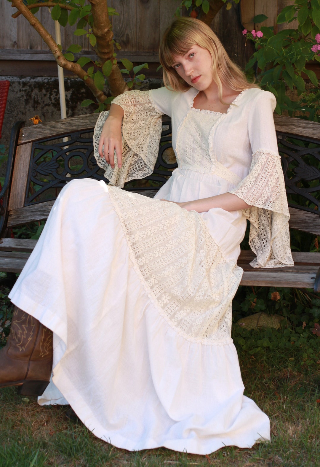 Vintage 70s Dreamy Bohemian Lace Cotton Bell Sleeves Maxi Dress - Etsy