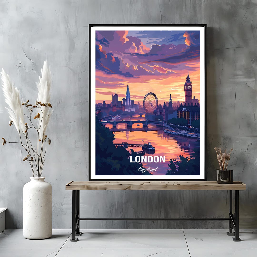 London Skyline at Dusk – Travel Poster | Big Ben, Thames & London Eye ...