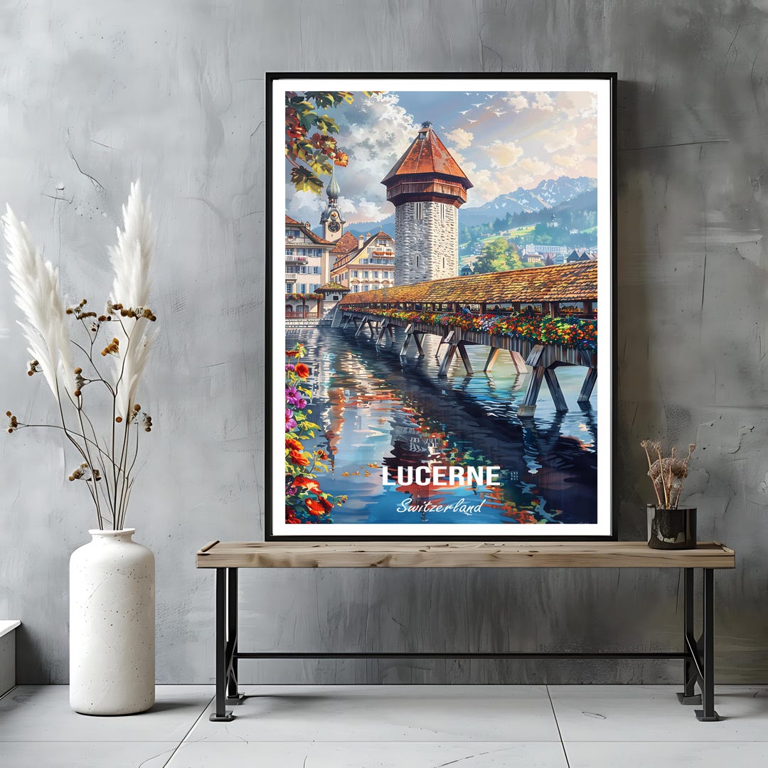Lucerne Travel Poster – Chapel Bridge & Alpine View | Switzerland ...
