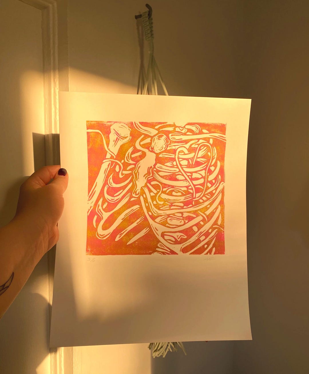 Handmade Skeleton Lino Block Print | Pink and Gold | Halloween Macabre ...