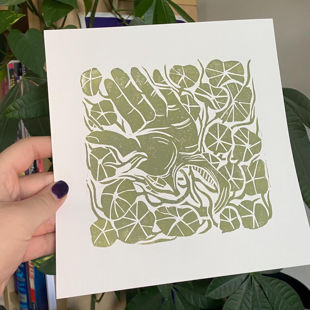 Nasturtiums Handmade Art Relief Linocut Print | Floral Monochrome Wall ...