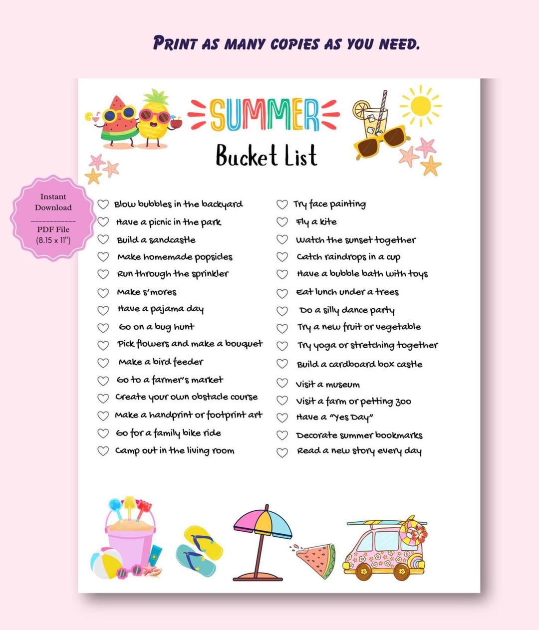 Kids Summer Bucket List: Fillable Activity Checklist (PDF & PNG Ages 4 ...