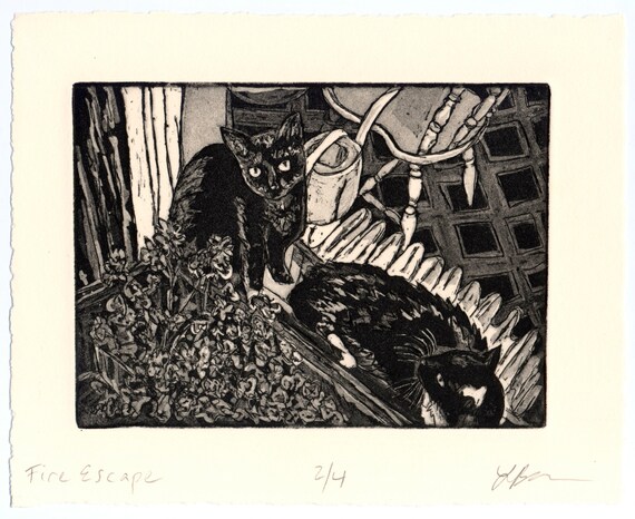 Cats Fire Escape Intaglio Etching Print Limited Edition Black | Etsy