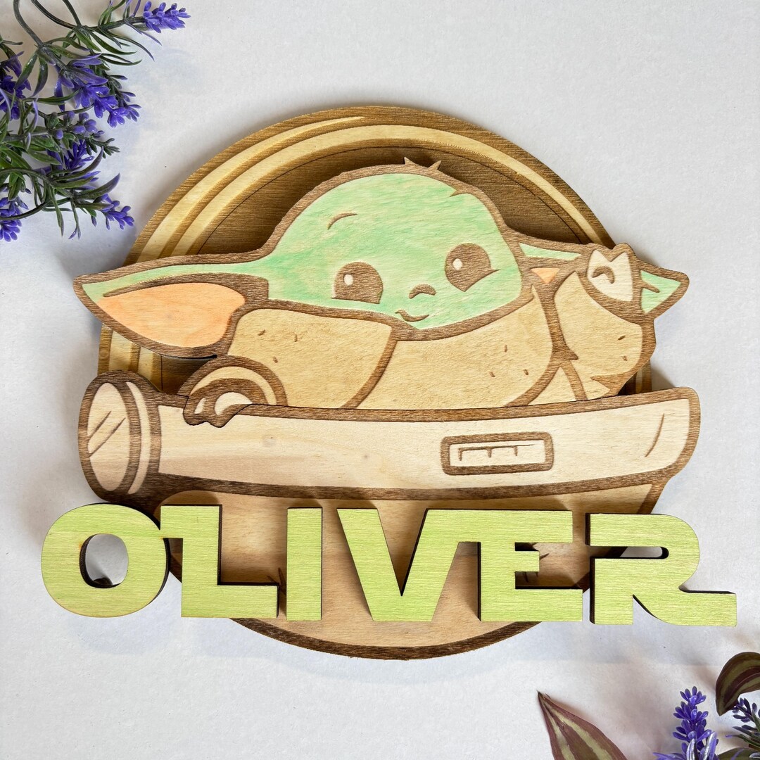 Grogu Baby Room Wooden Wall Plaque - Nursery Door Sign - Self-adhesive ...