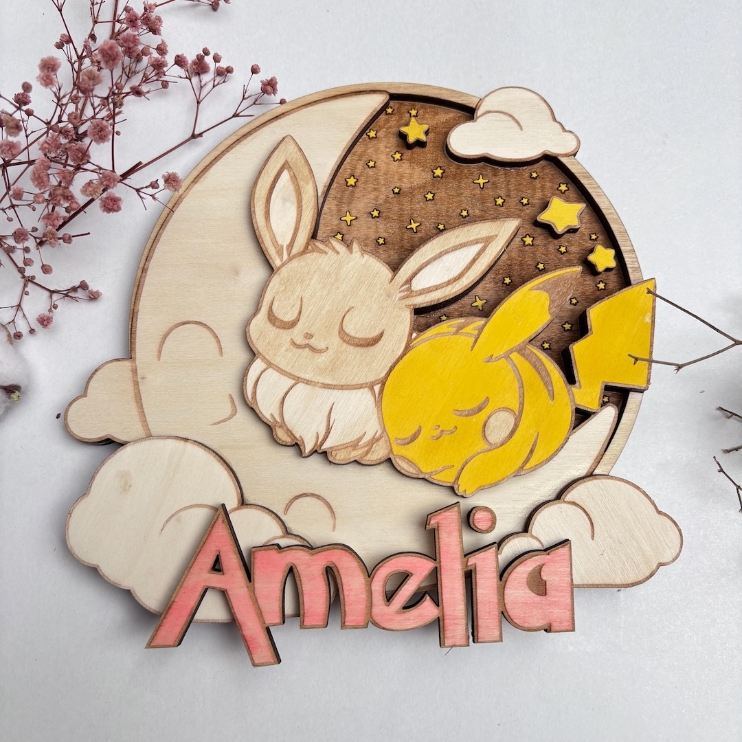 Pokemon Baby Room Wooden Wall Plaque - Eevee and Pikachu Nursery Door ...