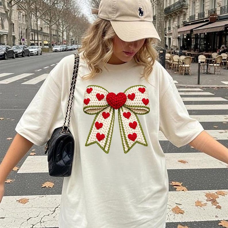 Heart Bow Shirt, Knitted Look Bow Design, Heart Ribbon Graphic Tee - Etsy