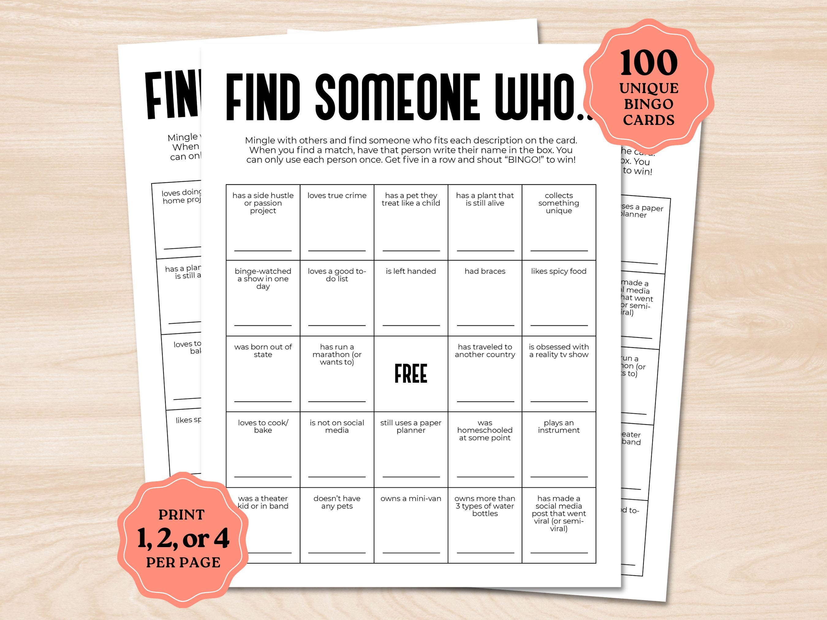 Find Someone Who Bingo, Team Building Bingo, Find the Guest Bingo, Ice ...