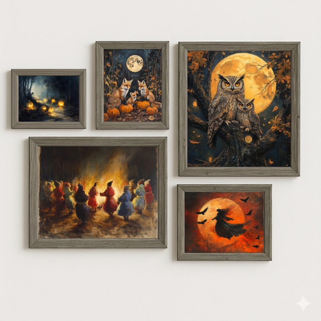 Vintage Halloween Printable Wall Art Set of 5, Spooky Night Paintings ...
