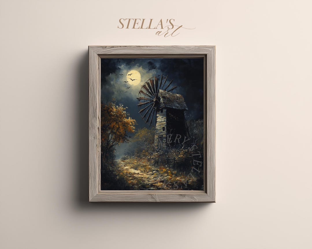 Moody Halloween Haunted Windmill Scene - Eerie Night Landscape Art ...