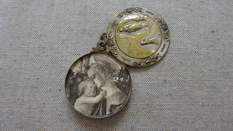 Antique French Slide Locket Reliquary - Virgin Mary With Halo and Roses ...