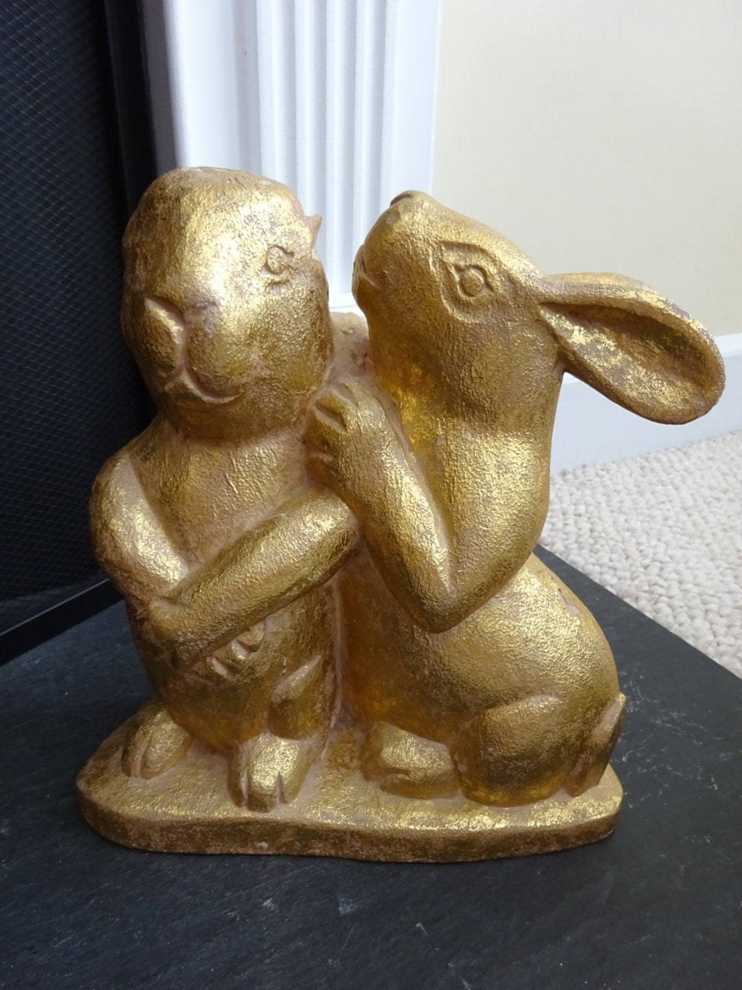 Vintage Carved Wooden Bunny Rabbits Whispering Statue With Chippy Gold ...