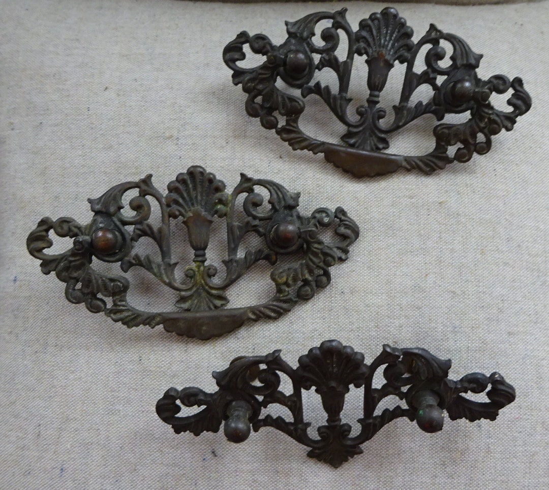 Three Ornate Antique Drawer Pulls - Amazing Aged Patina - for Re ...