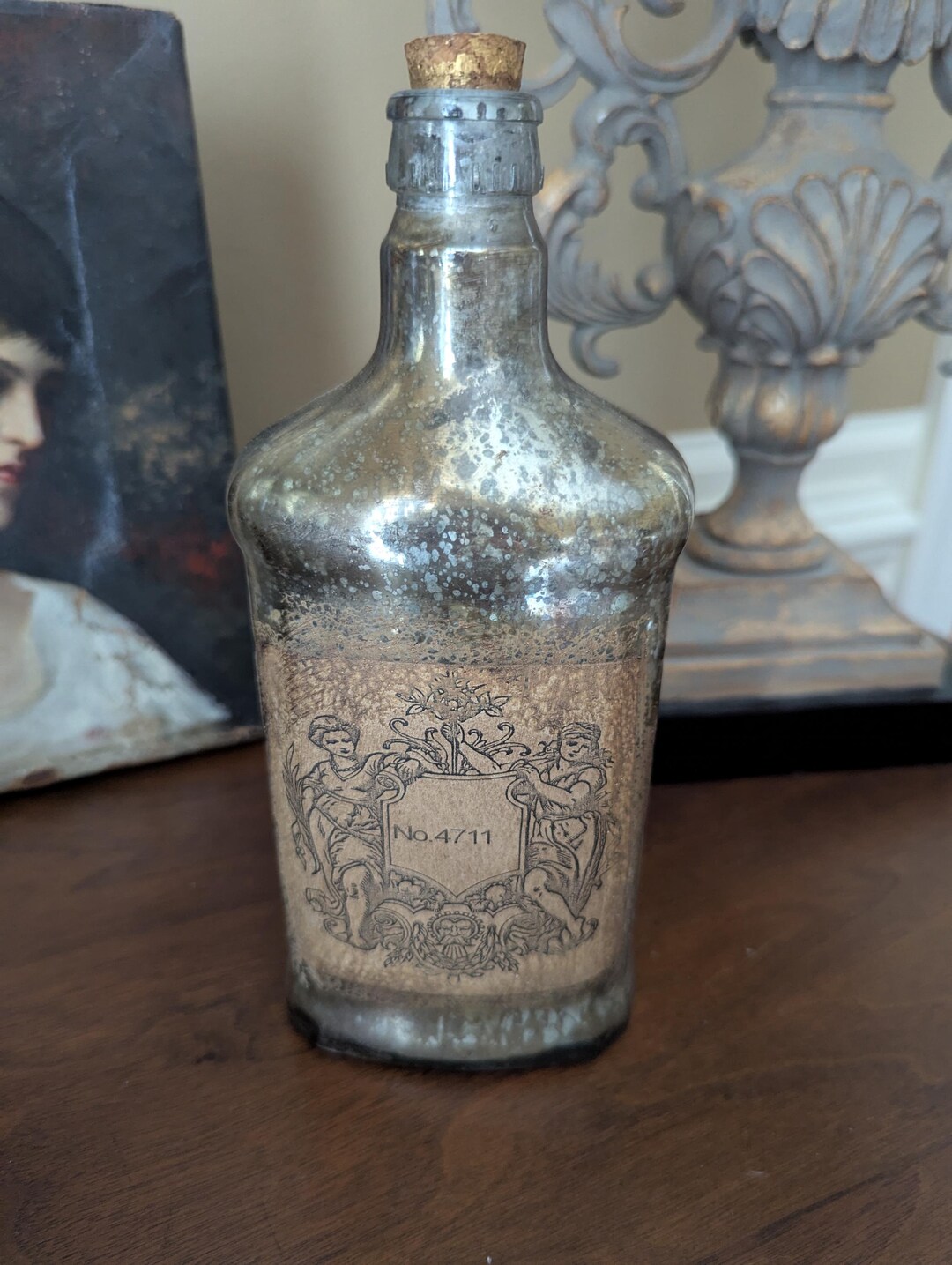 Reproduction Antique Mercury Glass Bottle With Gilded Cork and French ...
