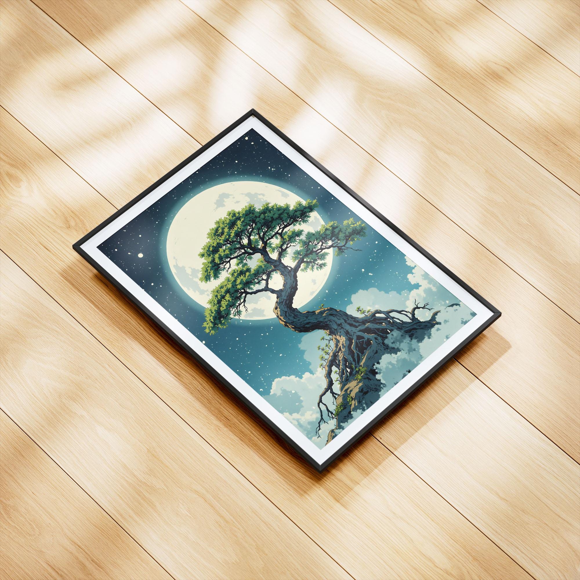 Mystical Bonsai Tree Art Print | Anime Fantasy Moon & Clouds Digital ...