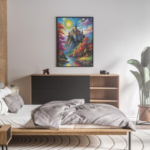 Van Gogh Inspo Fantasy Castle Art | Vibrant Swirling Sky Printable Wall ...