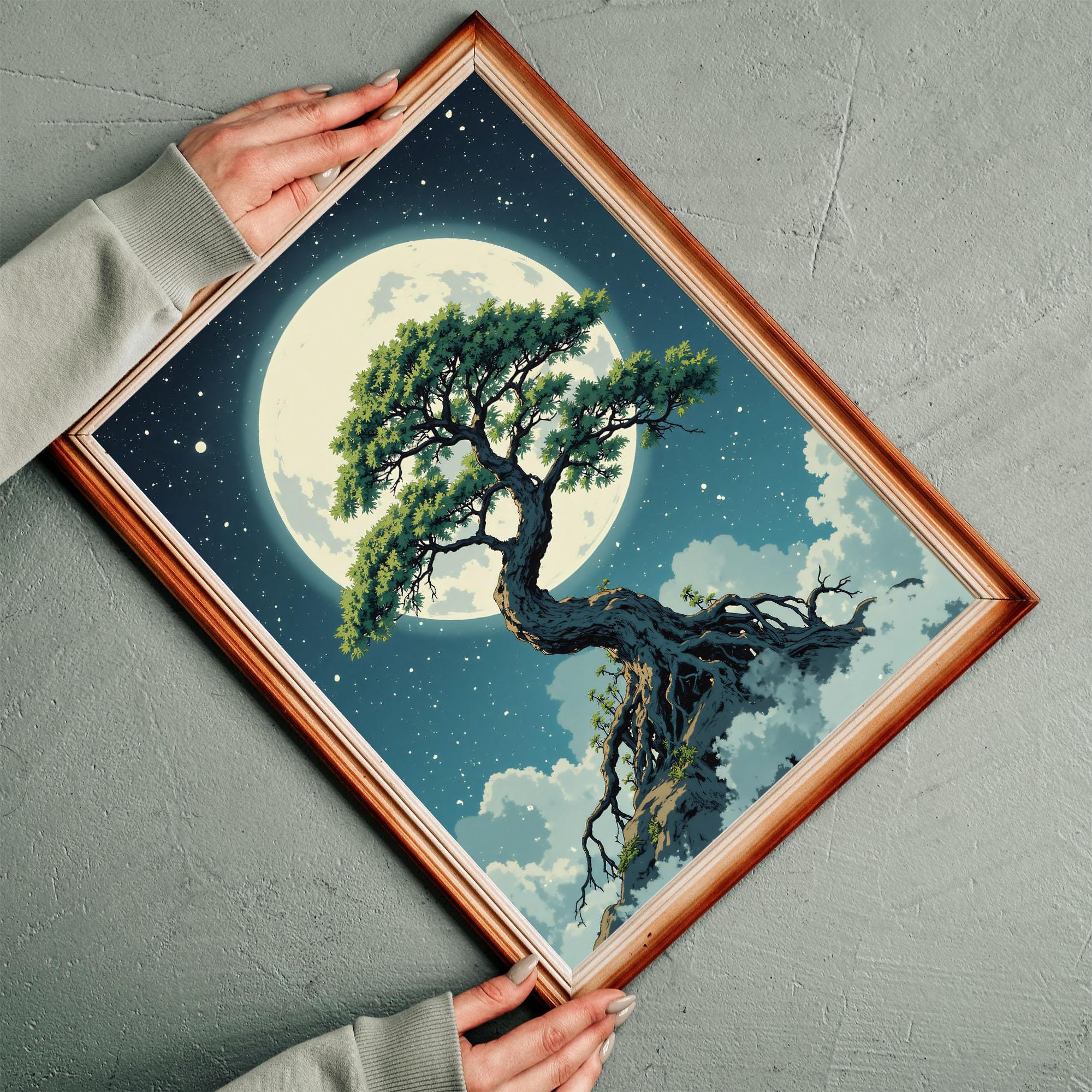 Mystical Bonsai Tree Art Print | Anime Fantasy Moon & Clouds Digital ...