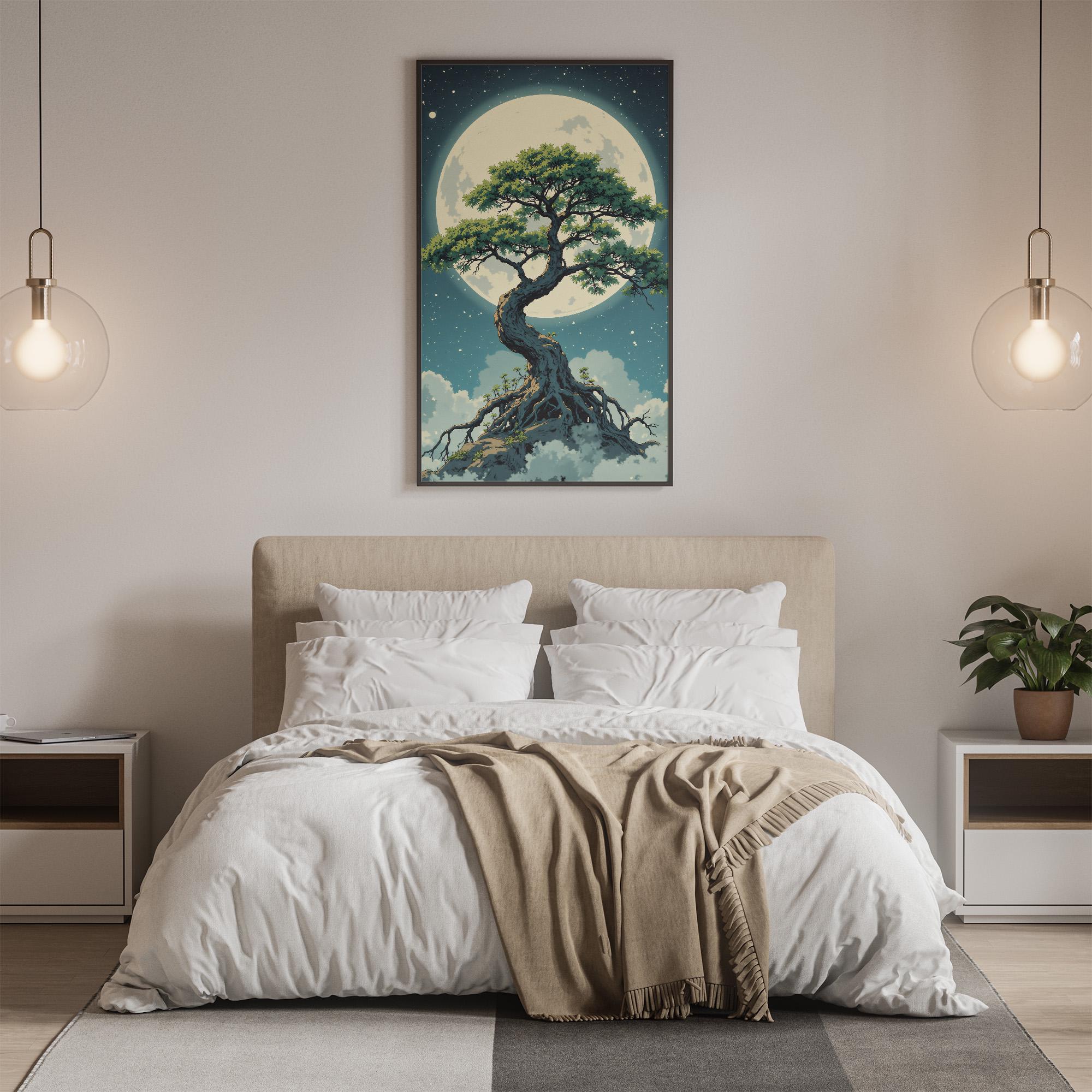 Mystical Bonsai Tree Art Print | Anime Fantasy Moon & Clouds Digital ...