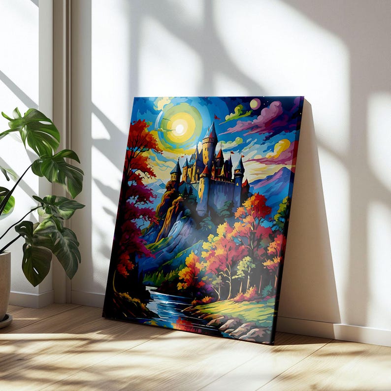 Van Gogh Inspo Fantasy Castle Art | Vibrant Swirling Sky Printable Wall ...