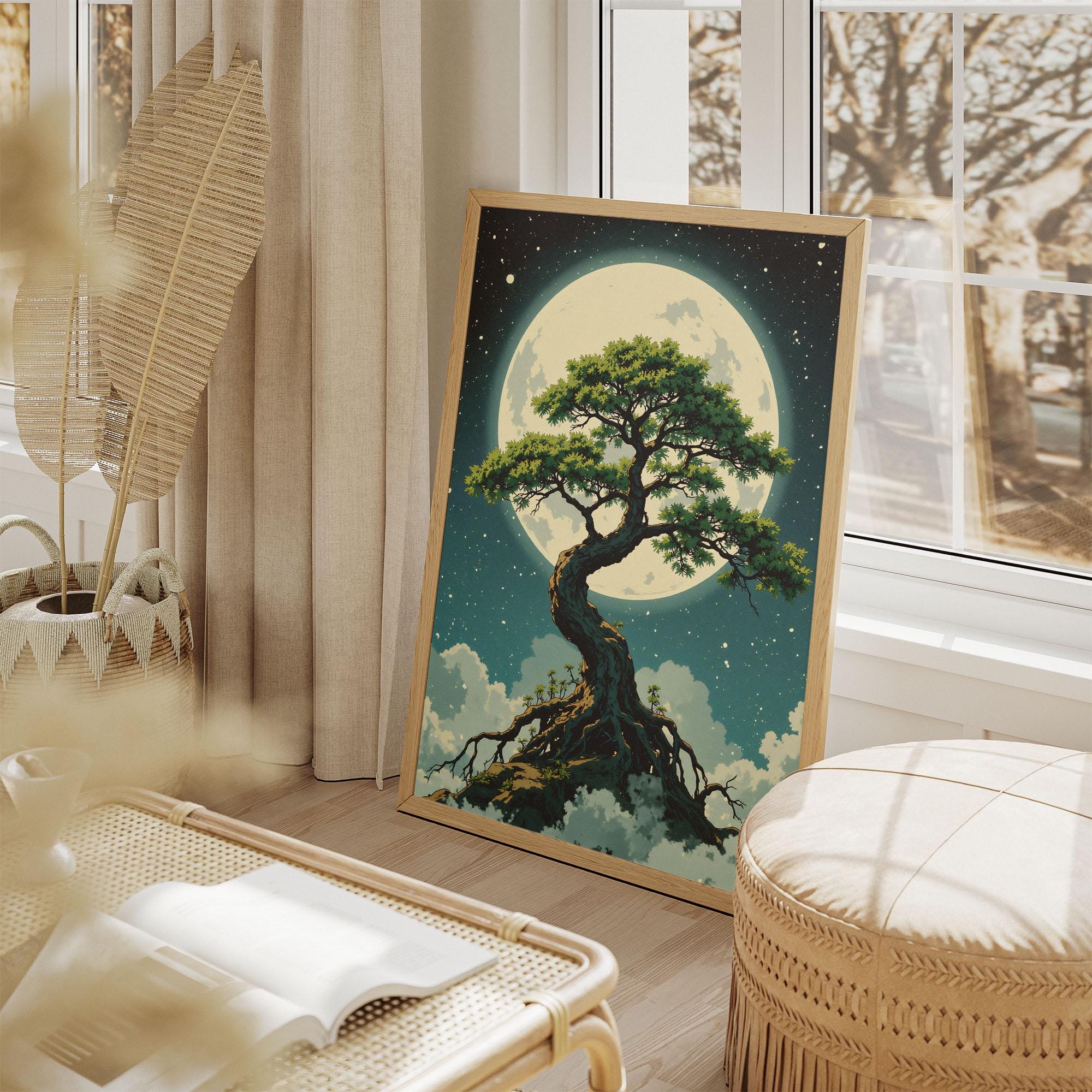 Mystical Bonsai Tree Art Print | Anime Fantasy Moon & Clouds Digital ...