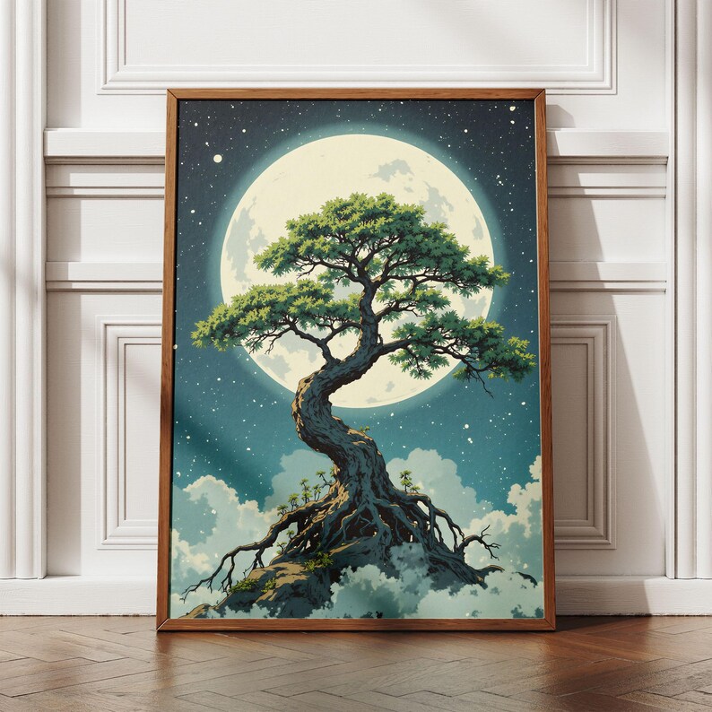 Mystical Bonsai Tree Art Print | Anime Fantasy Moon & Clouds Digital ...