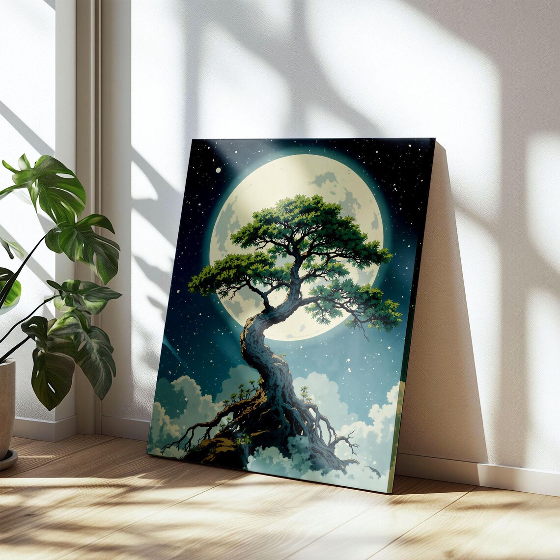 Mystical Bonsai Tree Art Print | Anime Fantasy Moon & Clouds Digital ...