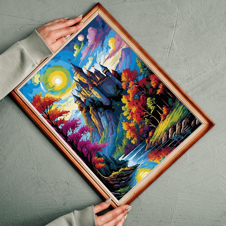 Van Gogh Inspo Fantasy Castle Art | Vibrant Swirling Sky Printable Wall ...