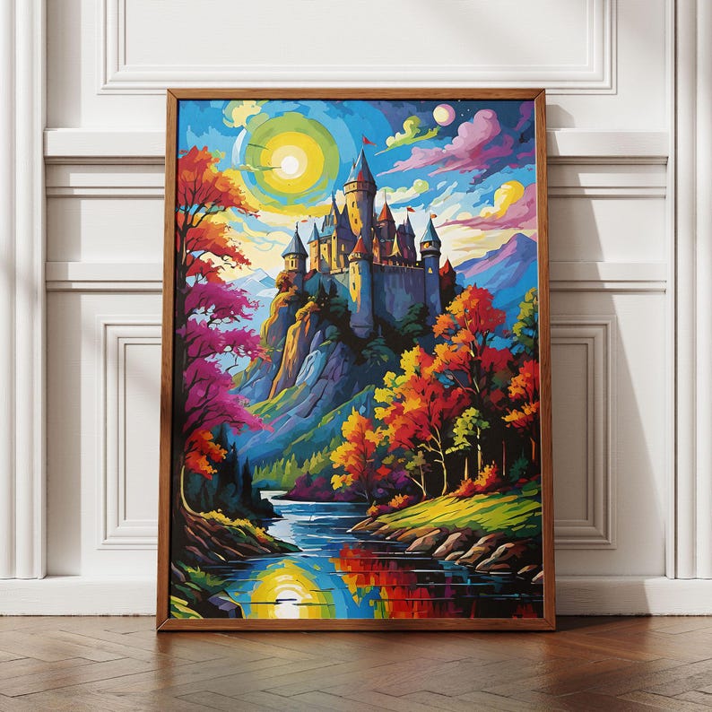 Van Gogh Inspo Fantasy Castle Art | Vibrant Swirling Sky Printable Wall ...