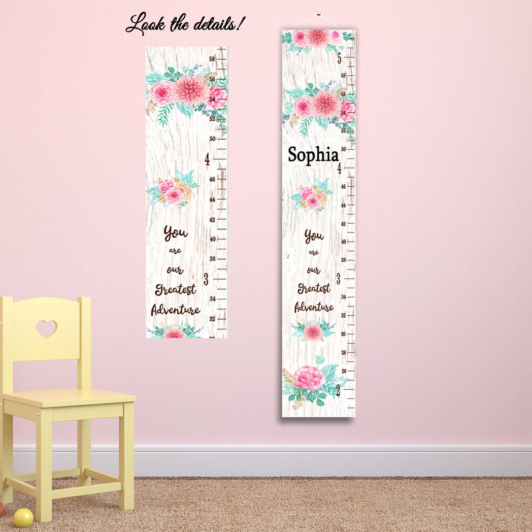 Personalized Growth Chart Watercolor Flowers Canvas Printed Wood Theme ...