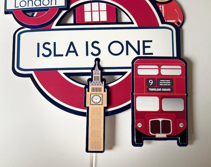 London Themed Personalised Cake Topper, Big Ben, Red Bus, Underground ...