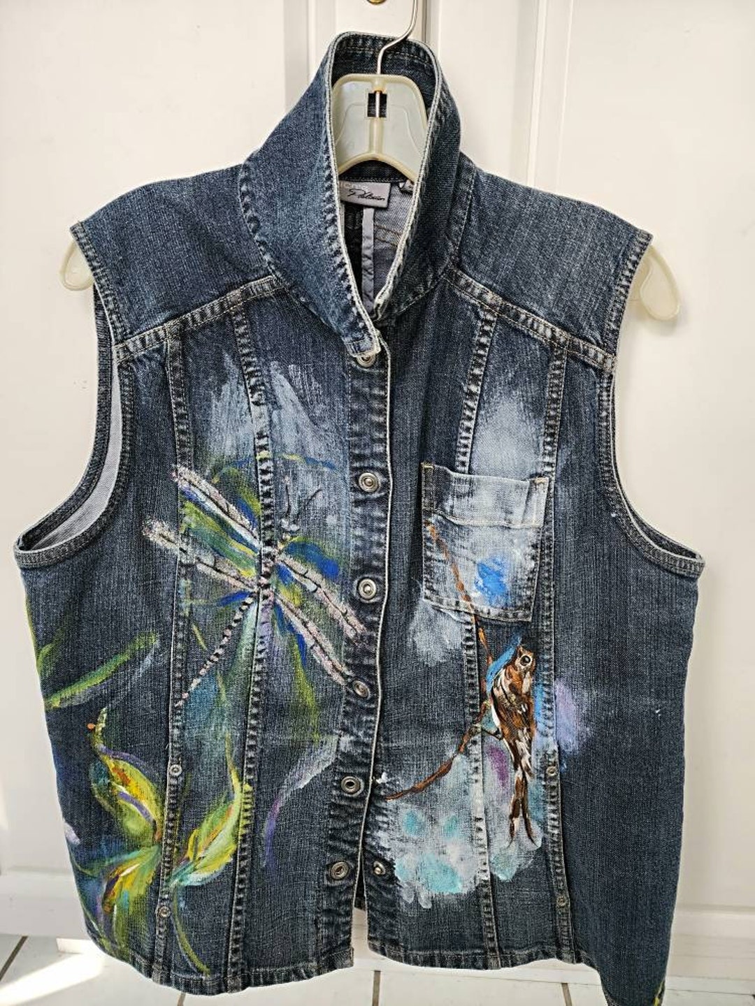 Handpainted Denim Jacket-vest- Art Clothing-vest-birds, Dragonfly ...