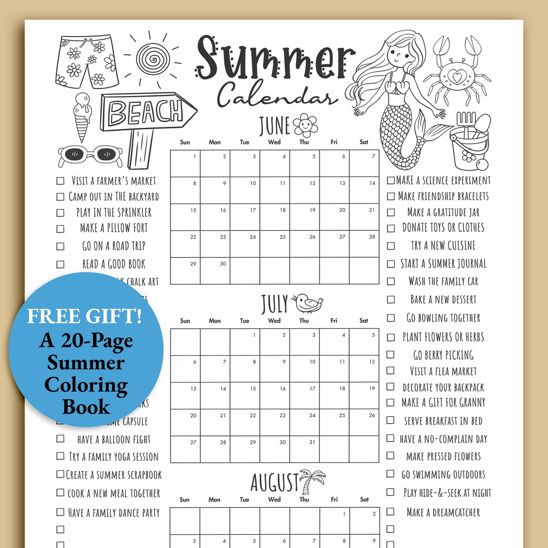 2025 Printable Summer Calendar Poster, 2025 Summer Activities Calendar ...