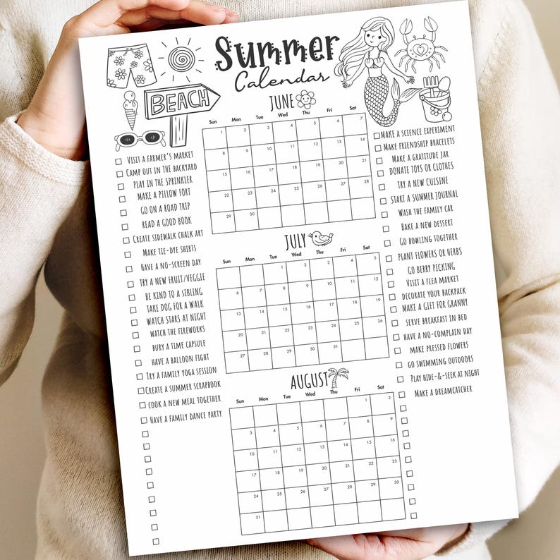 2025 Printable Summer Calendar Poster, 2025 Summer Activities Calendar ...