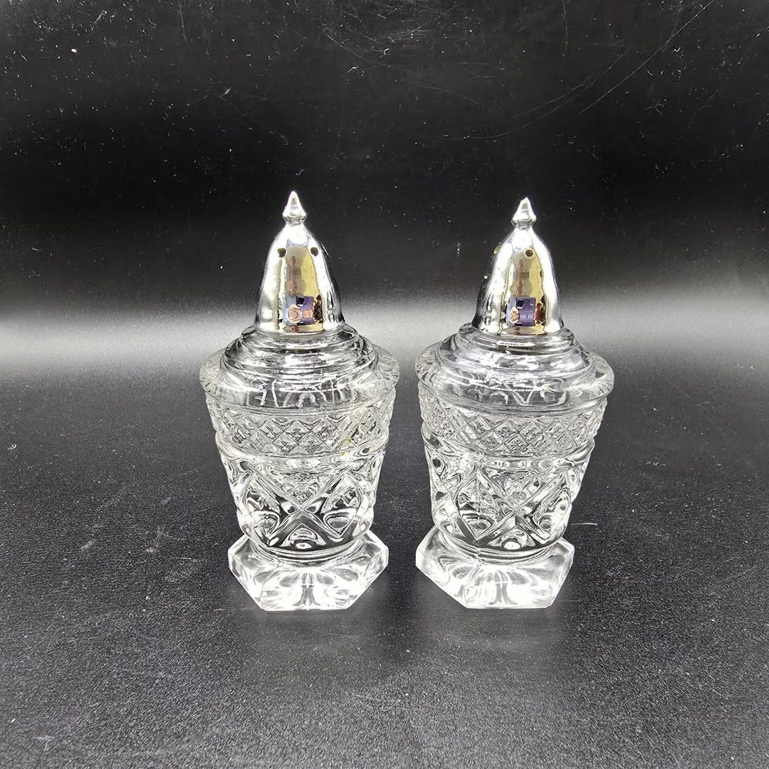Imperial Glass Cape Cod Clear Salt & Pepper Shakers Footed Diamond Cut ...