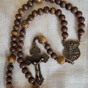 St. Michael the Archangel Rosary- Wood and Stone With Bronze Accents and St. Michael Medal and ...